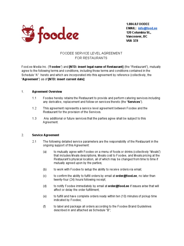 Foodee Service Level Agreement For Restaurants: 1.884.8.FOODEE Email ...