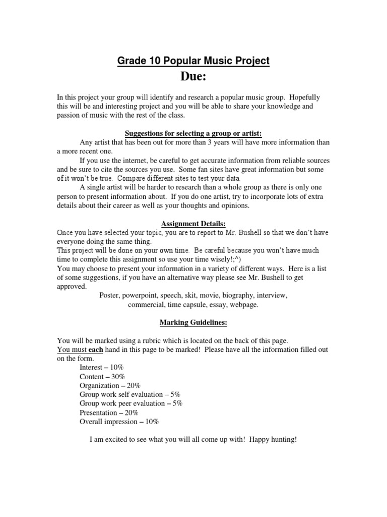Grade 10 Popular Music Project: Suggestions For Selecting A Group or ...