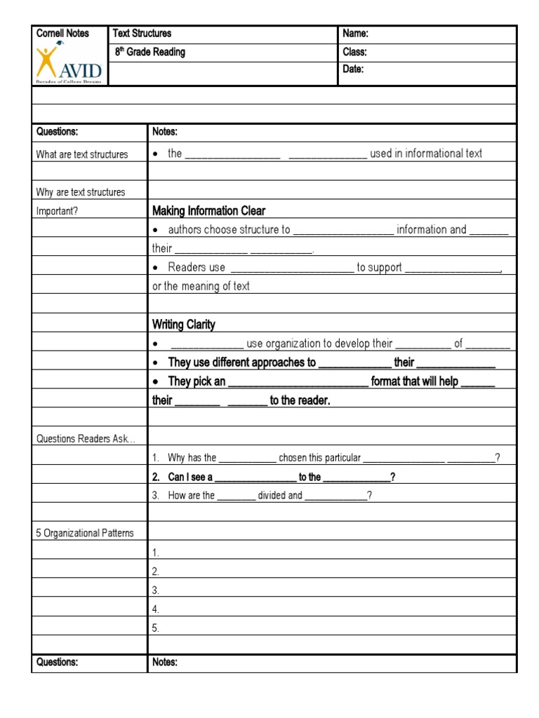 Text Structures Cornell Notes | PDF