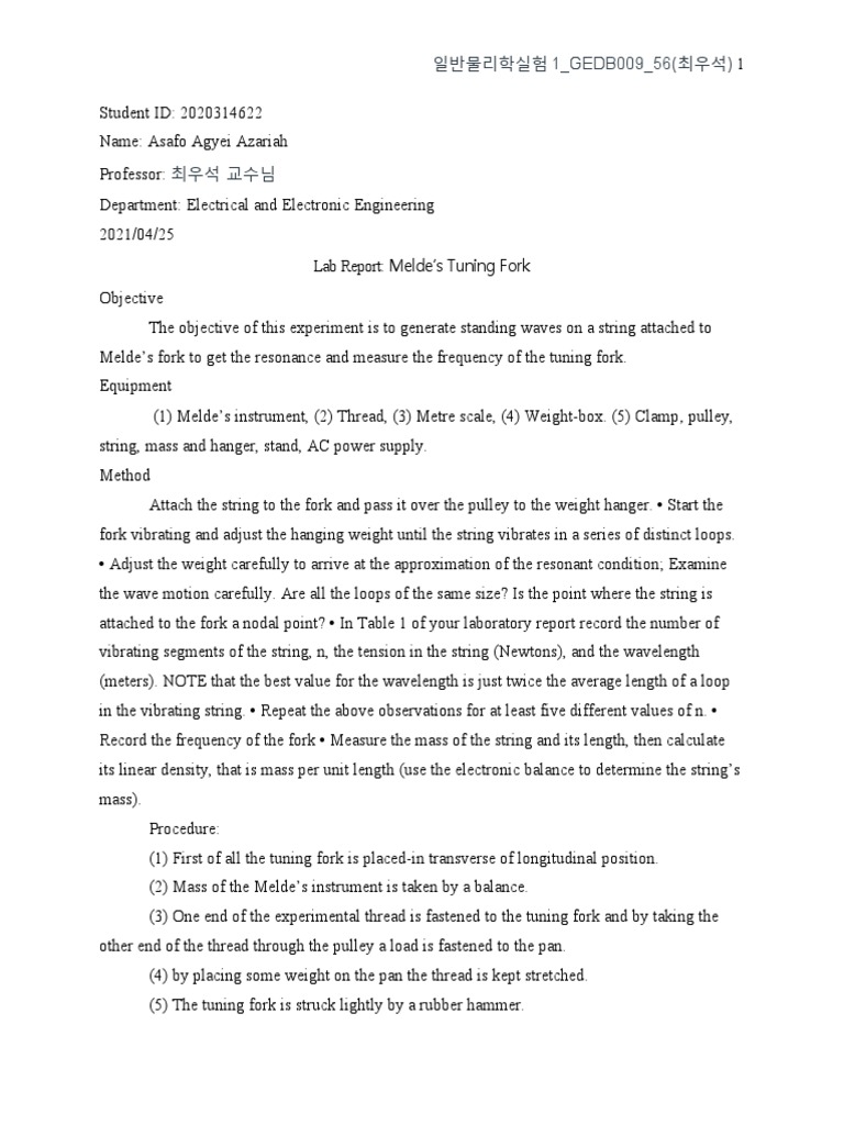 Melde's Tuning Fork Experiment Report | PDF | Waves | Resonance