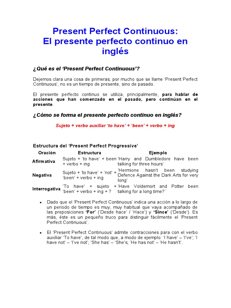 Presente Perfecto Continuo en Inglés | PDF | Asunto (gramática) | Verbo