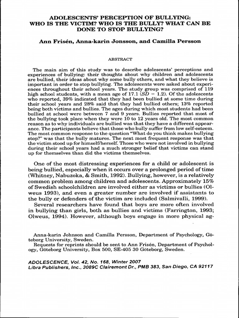 Adolescents' Perception of Bullying | PDF | Bullying | Adolescence