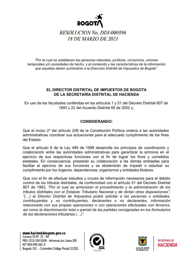 Resolucion - DDI-000396 - 2021 - Exógena SHD Bogotá 2021 | PDF | Ley de ...