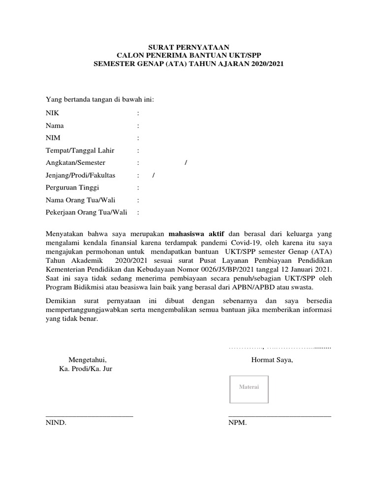 Surat Pernyataan Bantuan UKT - Gunadarma 1. | PDF