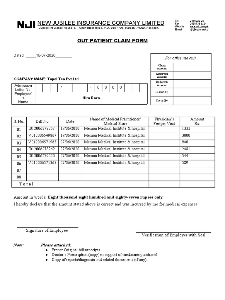 New Jubilee Insurance Company Limited: Out Patient Claim Form | Download Free PDF | Physician ...