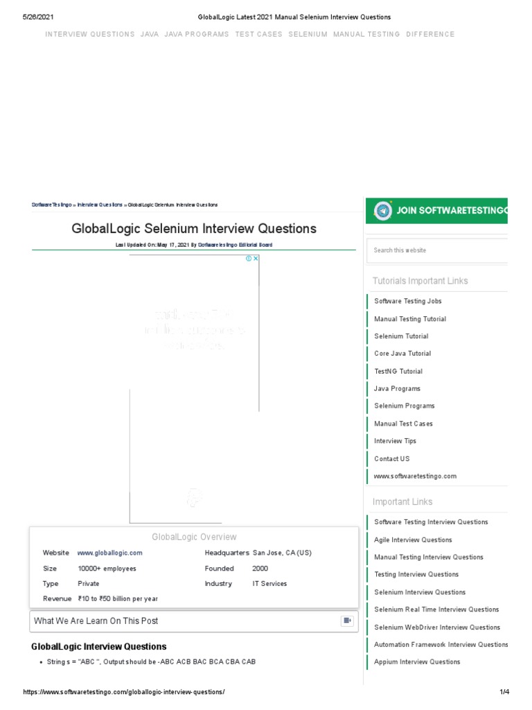 GlobalLogic Latest 2021 Manual Selenium Interview Questions | PDF ...