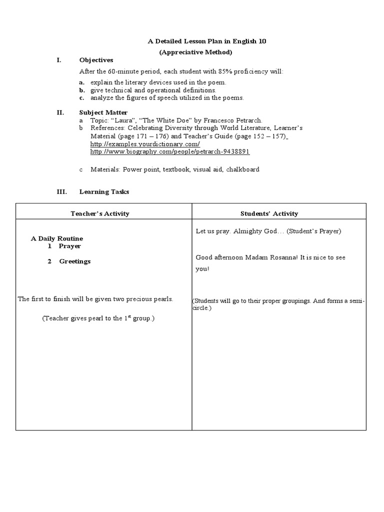 Lazaro-BSED-E 1-1 Detailed Lesson Plan (Appreciative Method) | PDF ...