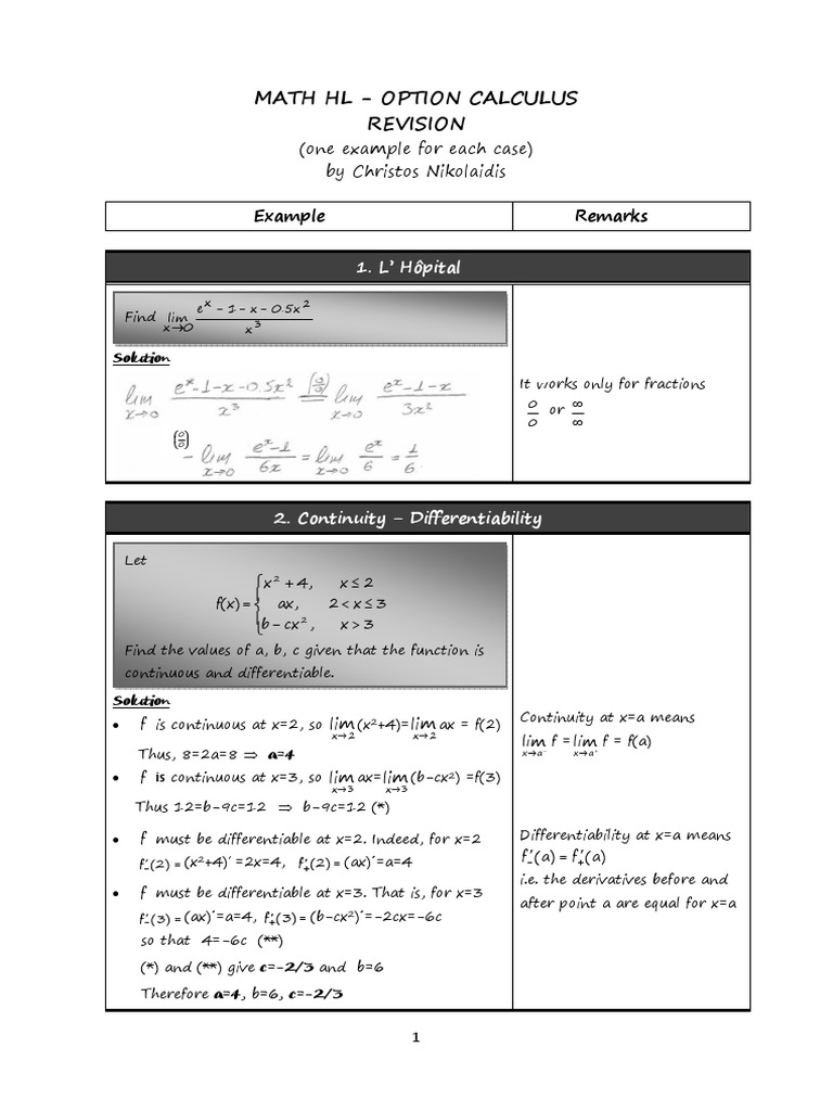 Calculus Revision: Examples of L'Hopital's Rule, Continuity vs ...