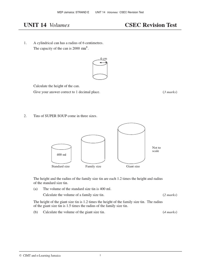 UNIT 14 Volumes CSEC Revision Test | PDF | Volume | Area