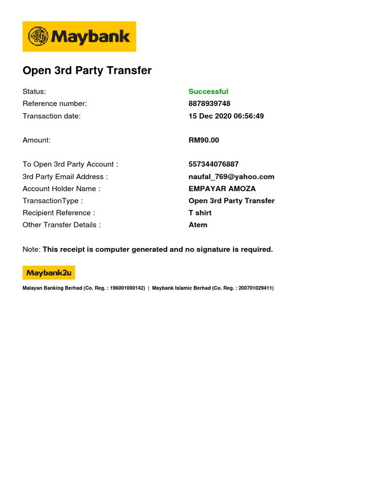 Successful 3rd Party Transfer Receipt | PDF