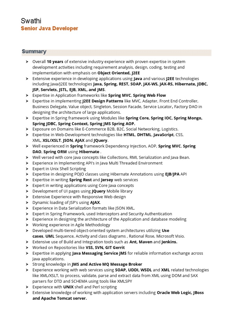 Swathi: Senior Java Developer | PDF | Spring Framework | Web Application