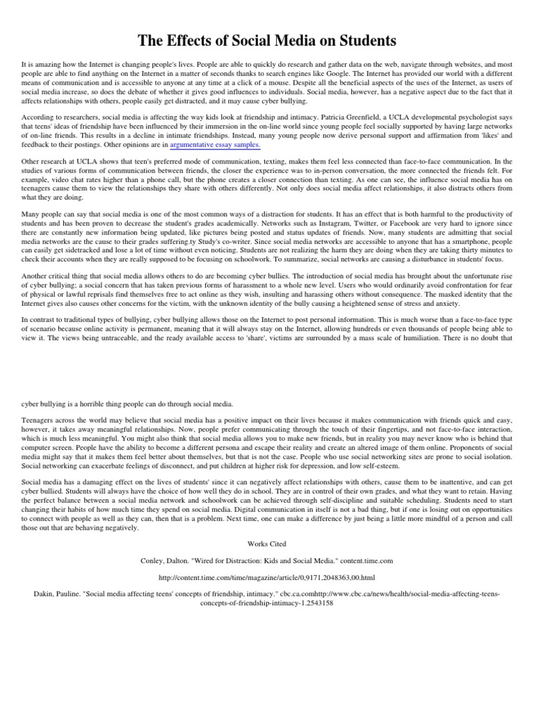 The Effects of Social Media On Students: Argumentative Essay Samples ...