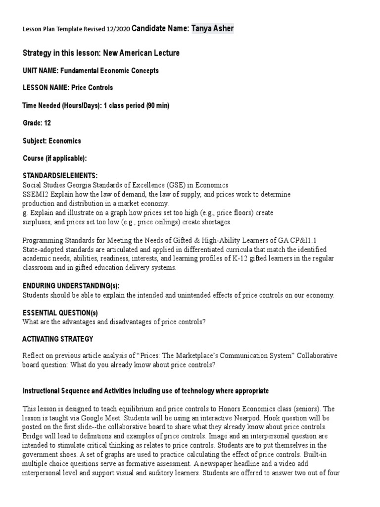 Price Controls Lesson Plan | PDF | Lesson Plan | Price Controls