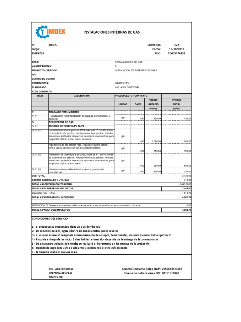 Cotizacion Instalacion de GLP Cimdex Casa Campo | PDF | Presupuesto ...