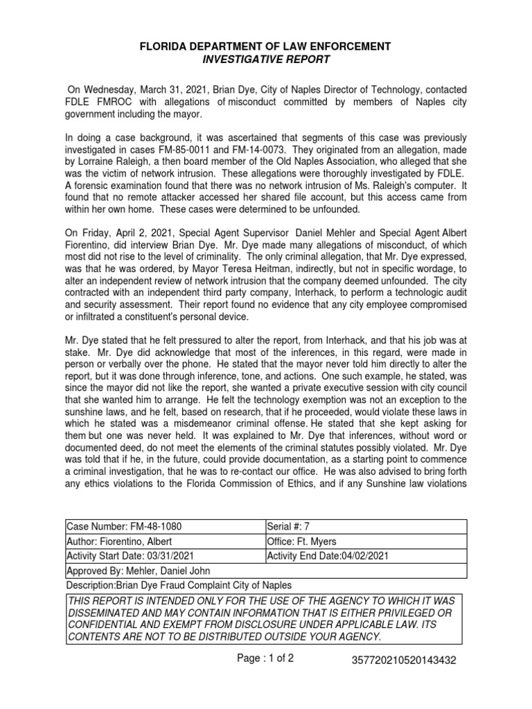 FDLE Investigative Report Into Dye's Allegations Against Naples Mayor Heitmann - April 2021 ...