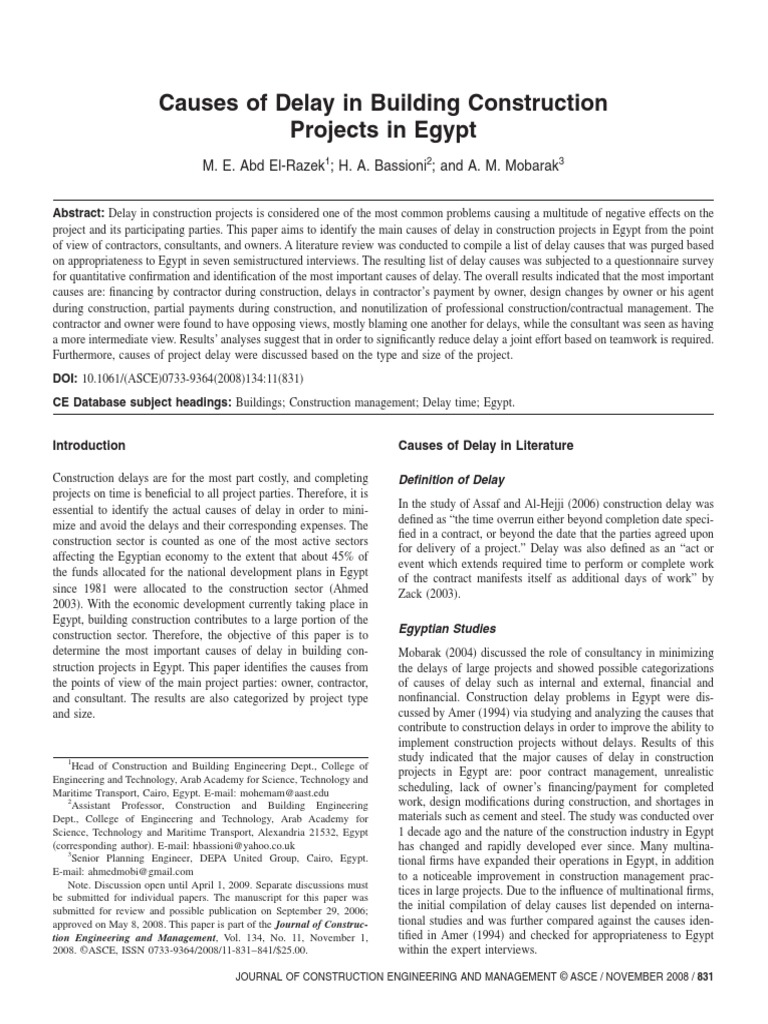 Causes of Delay in Building Construction Projects in Egypt | PDF | Correlation And Dependence ...