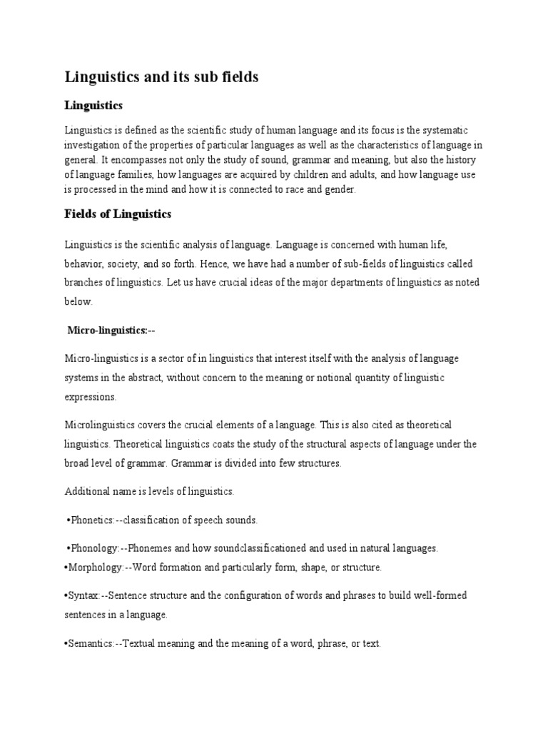 Overview of Linguistic Subfields | PDF | Linguistics | Semantics