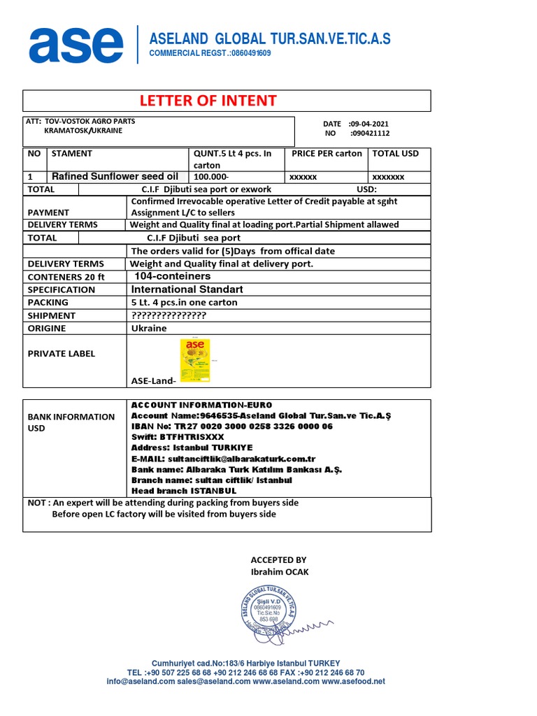 Letter of Intent Turkey (Private Label) | PDF