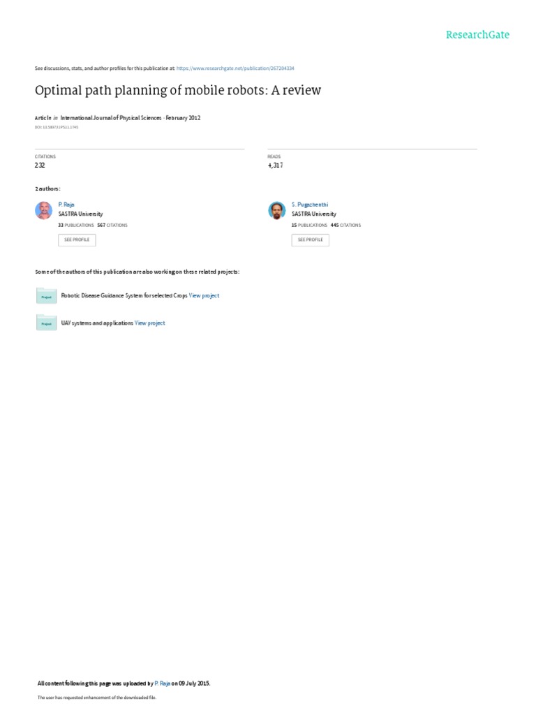Optimal Path Planning of Mobile Robots A Review | PDF | Robot | Robotics