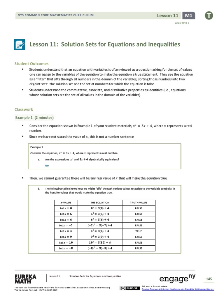 Lesson 11: Solution Sets For Equations and Inequalities: Student ...