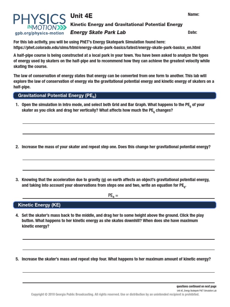 Unit 4E: Energy Skate Park Lab | PDF | Kinetic Energy | Potential Energy