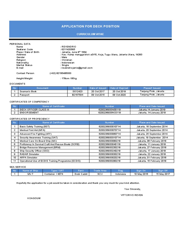 Application for Deck Position: Curriculum Vitae and Sea Service History ...