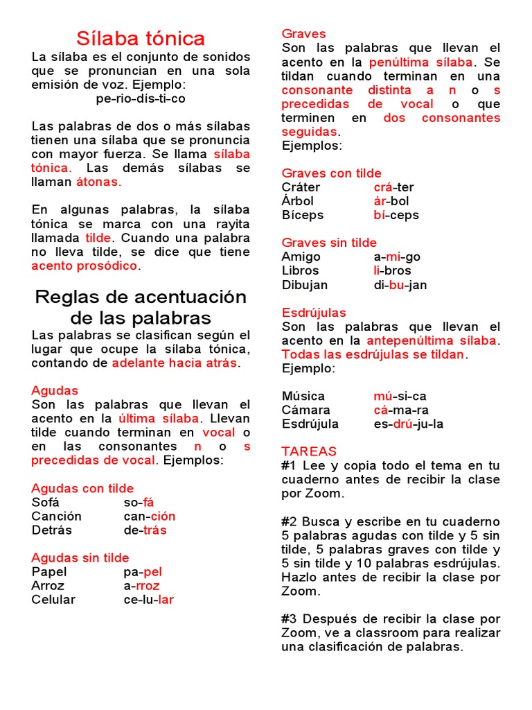 Ejemplos de sílaba tónica en palabras | PDF | Estrés (lingüística ...
