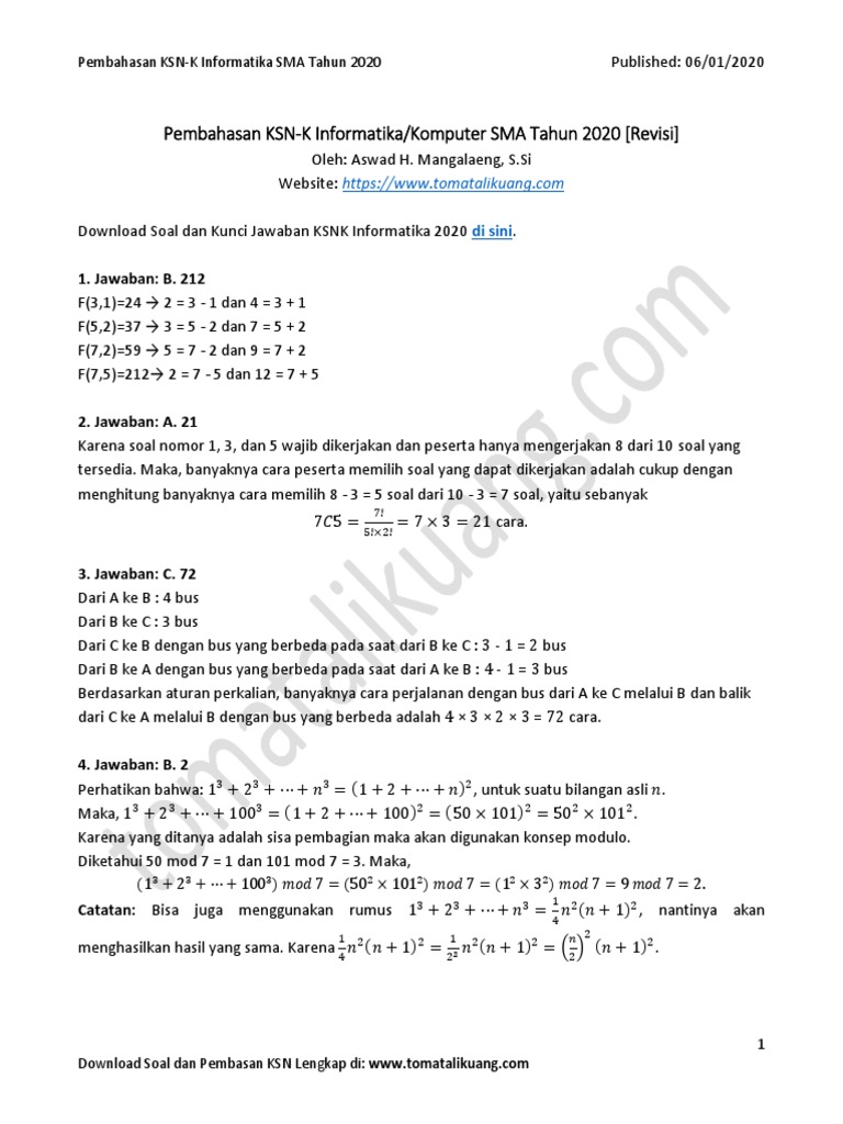 Pembahasan KSN-K Informatika SMA 2020 (WWW - Tomatalikuang.com) | PDF