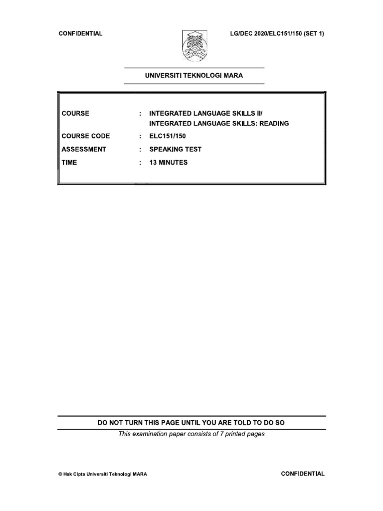 Set 1 Speaking Test Elc 151 | PDF