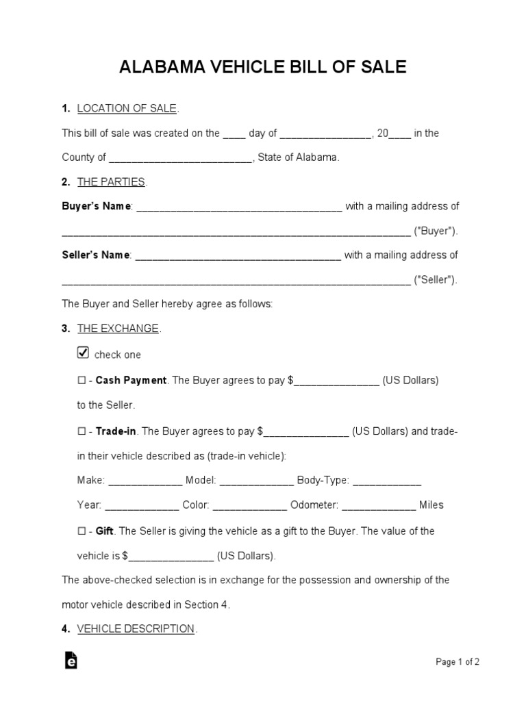 Alabama Vehicle Bill of Sale Template | PDF