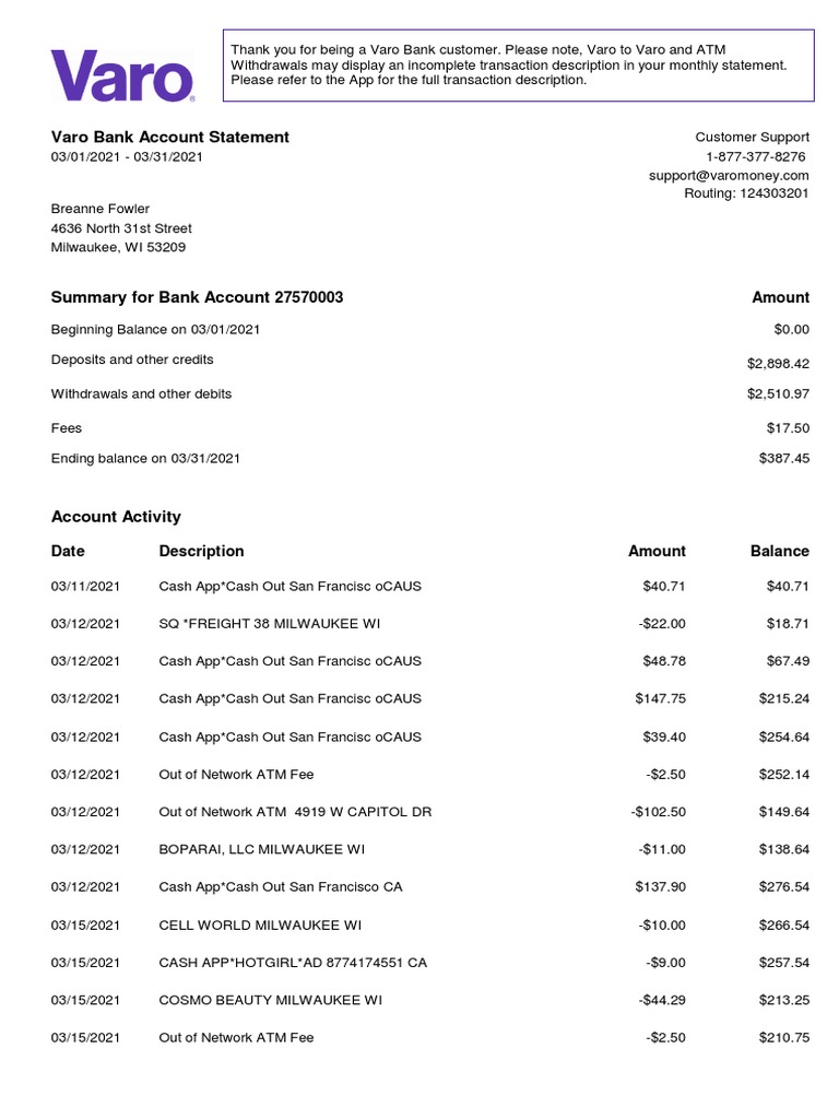 Varo Bank Account Statement: Amount | PDF | Automated Teller Machine ...