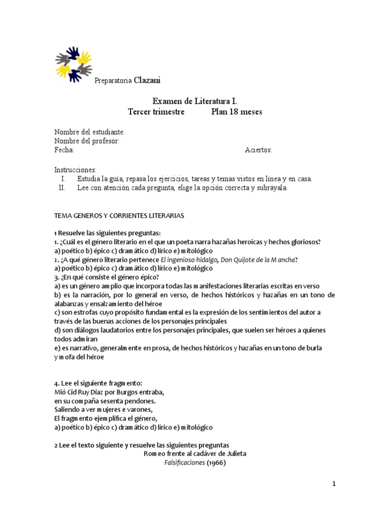 Examen de Literatura II | PDF | Realismo literario | Poesía épica