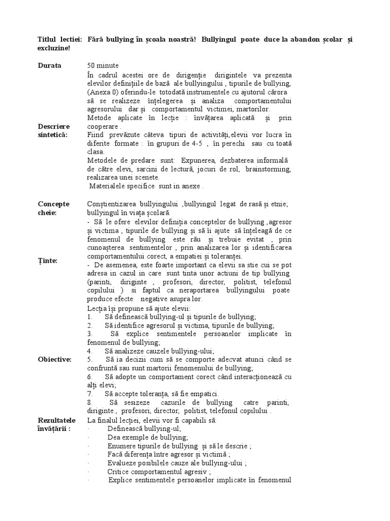 Activitate La Clasa Anti Buling | PDF