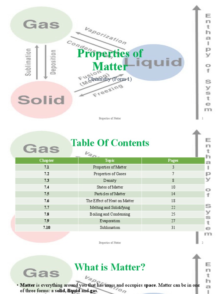Properties of Matter: Chemistry (Form 1) | PDF | Gases | Liquids