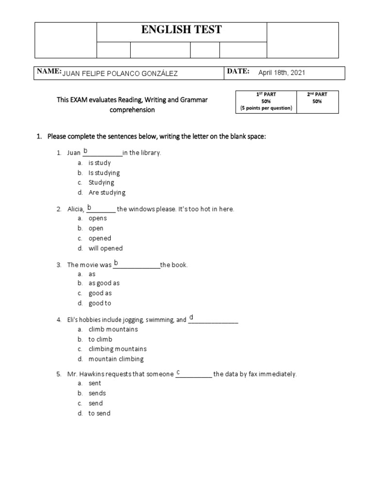 ENGLISH TEST Updated 2021 PDF | PDF