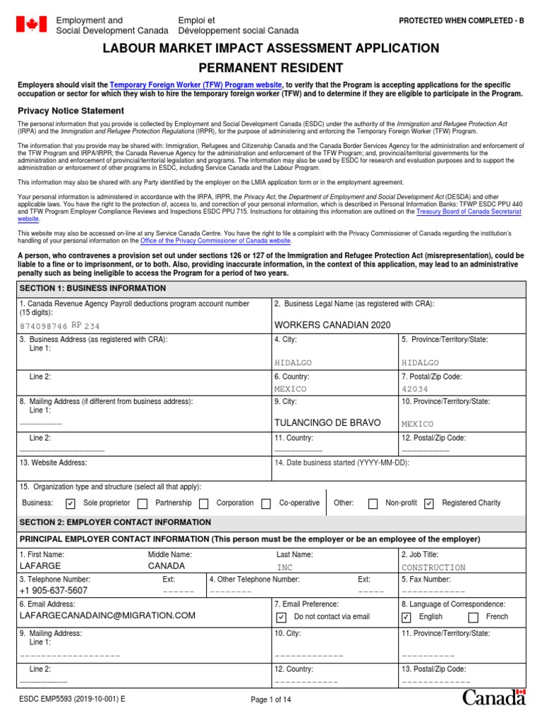 Labour Market Impact Assessment Application Permanent Resident | PDF ...