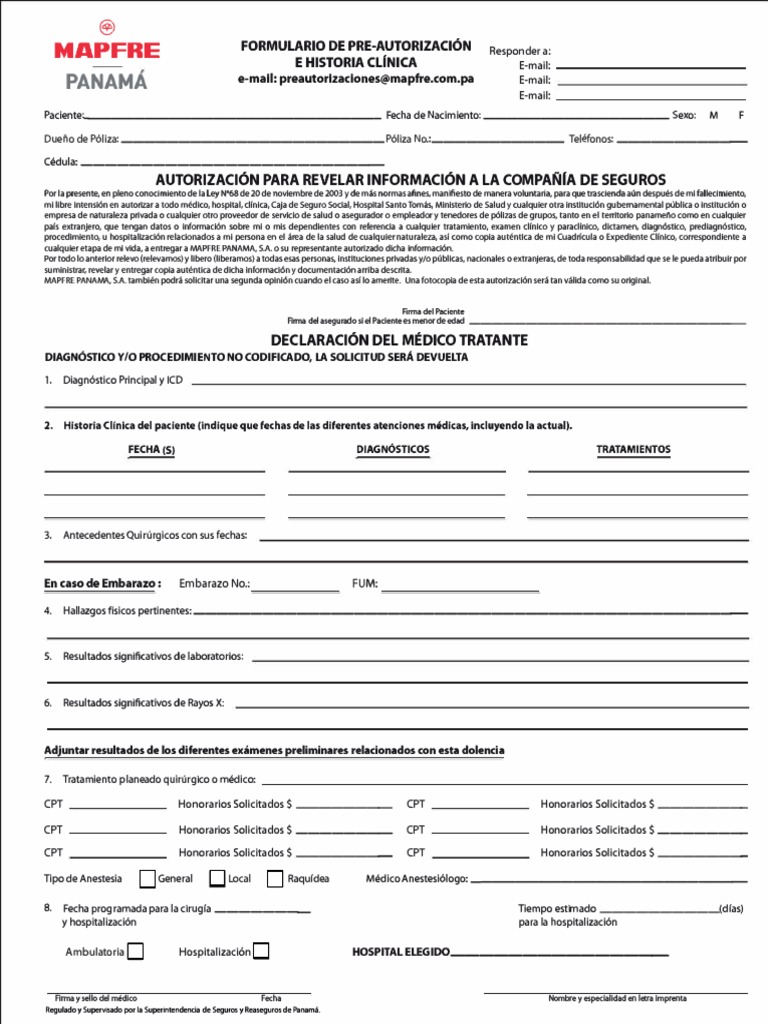 Formulario de Mapfre Solicitud de Extension de Dias y Pre Autorizacion e Historia Clinica 2019 ...