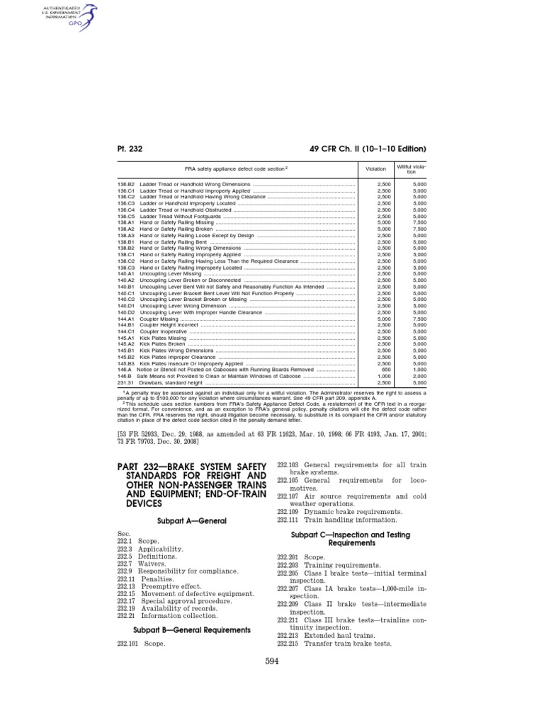 CFR Title 49 Part 232 Brake System Safety Standards For Freight and ...