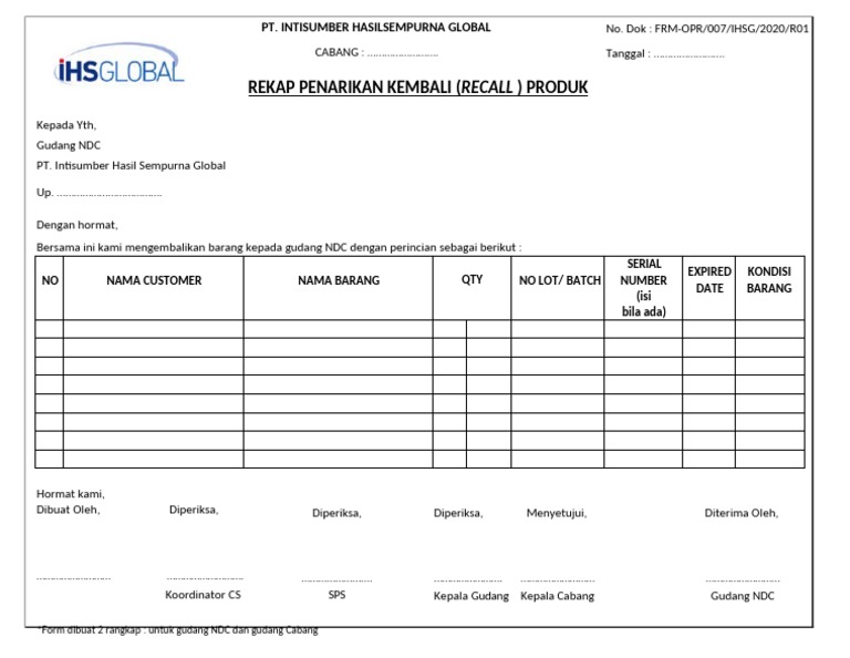 FORM REKAP PENARIKAN KEMBALI PRODUK (GUDANG CABANG) - Dikonversi | PDF