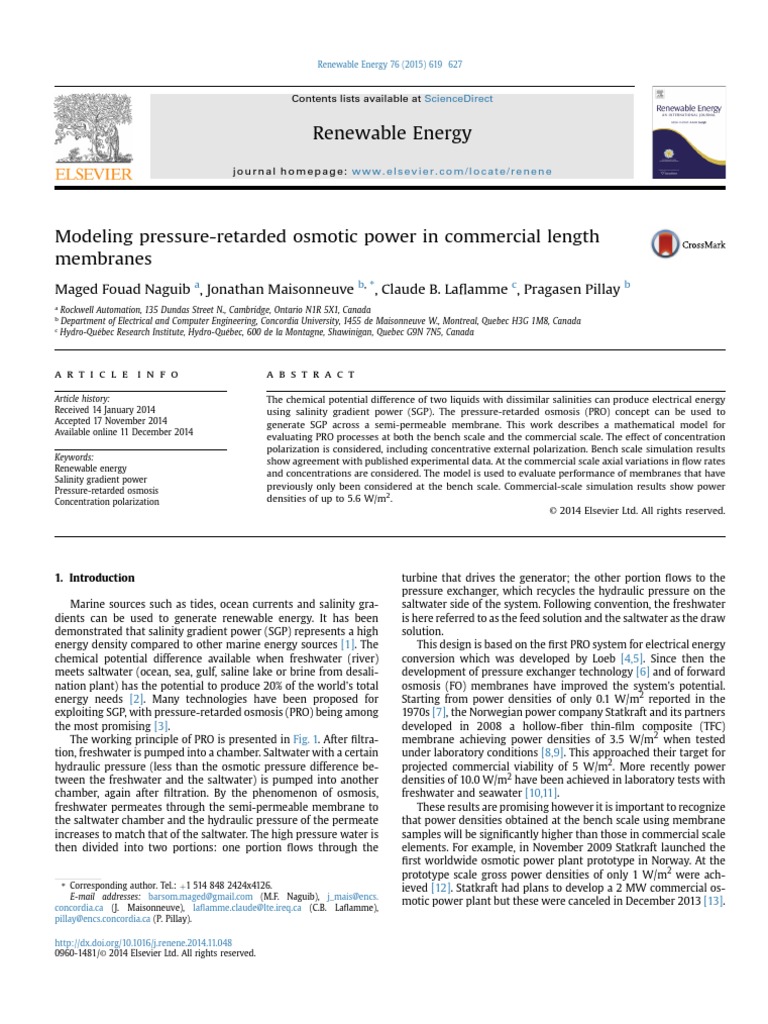 Modeling Pressure-Retarded Osmotic Power in Commercial Length Membranes ...