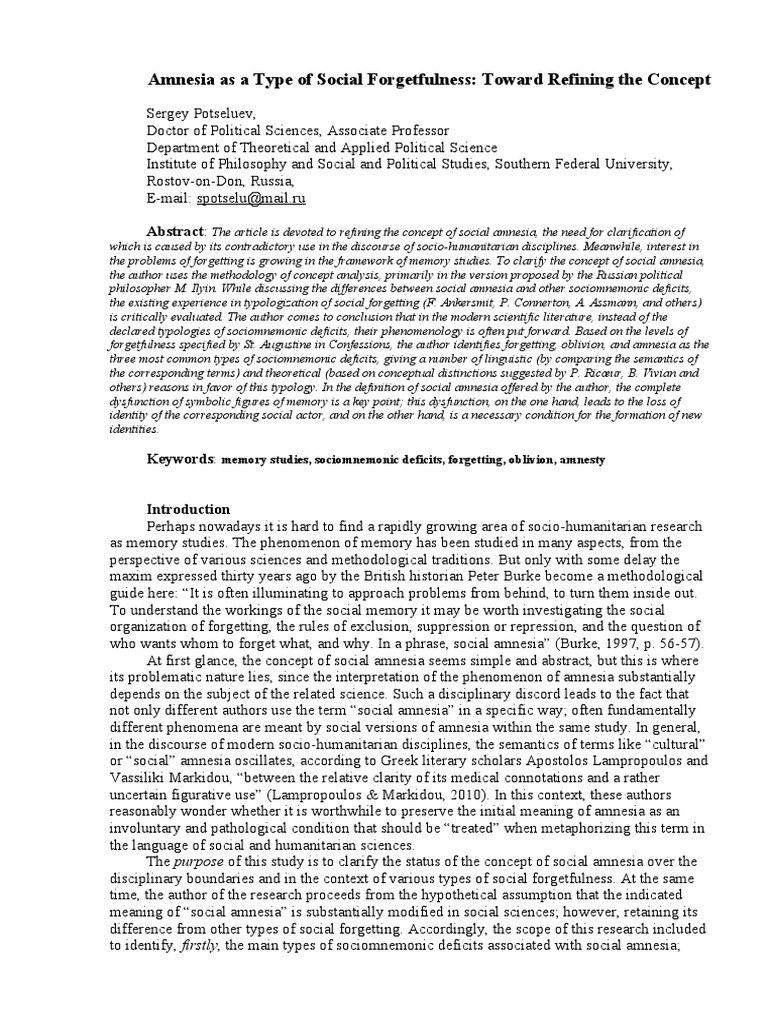 Potseluev S. - Amnesia As A Type of Social Forgetfulness. 06.05.20 ...