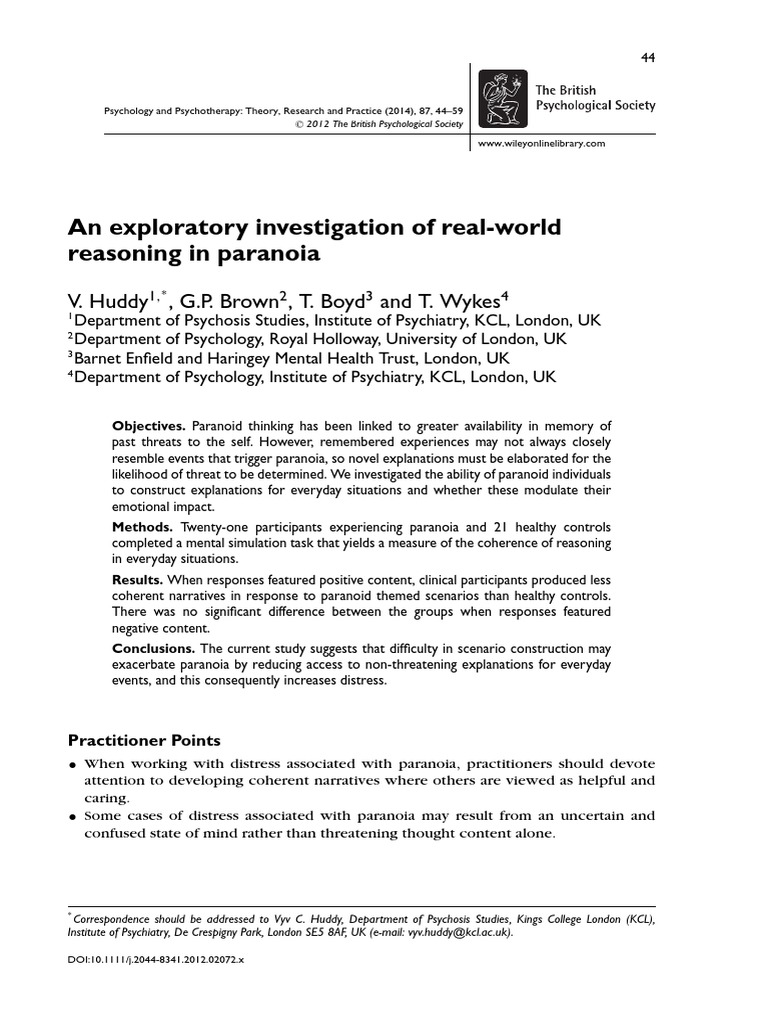 An Exploratory Investigation of Real World Reasoning in Paranoia | PDF ...