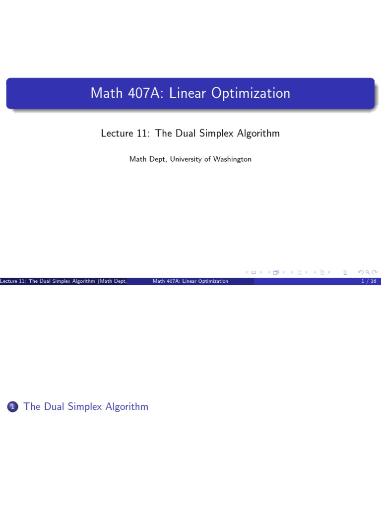 Math 407a Linear Optimization Lecture 11 The Dual Simplex Algorithm Pdf Combinatorial