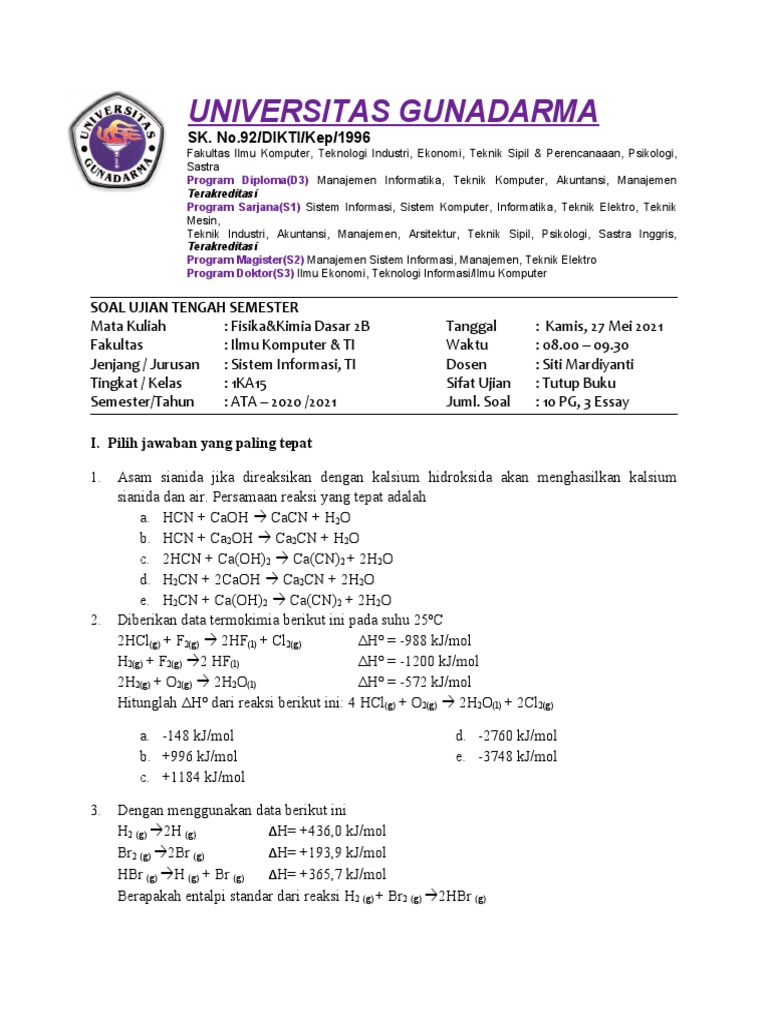 Soal UTS Fisika & Kimia Dasar 2B | PDF | Teknologi & Rekayasa