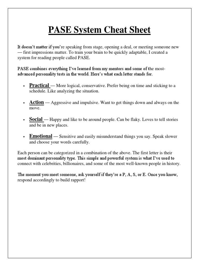 PASE System Cheat Sheet | PDF