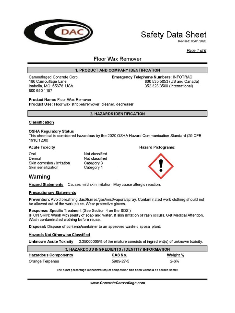 Dac Floor Wax Stripper Msds - 2020 | PDF