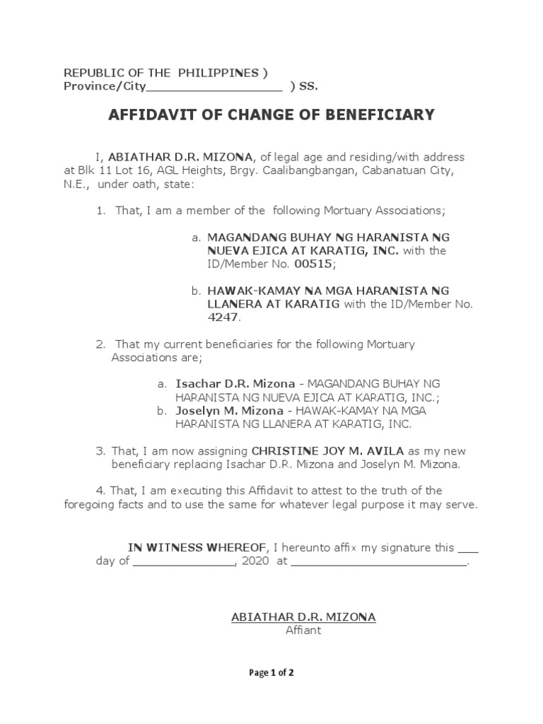 Affidavit of Change of Beneficiary | PDF