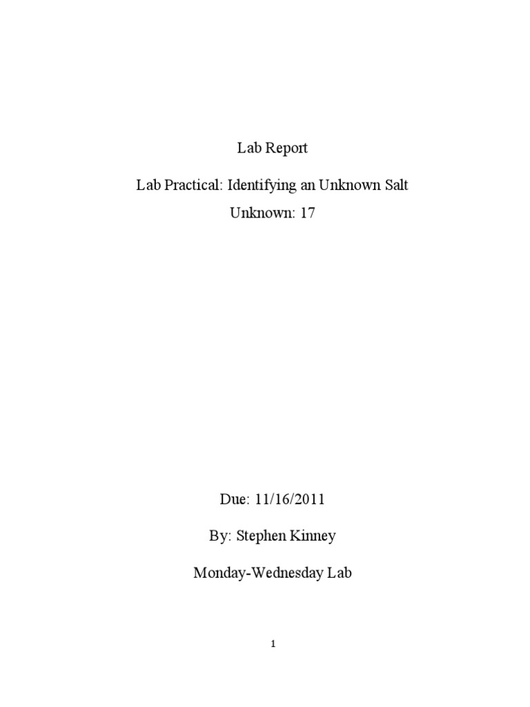 Lab Report Lab Practical: Identifying An Unknown Salt Unknown: 17 | PDF ...