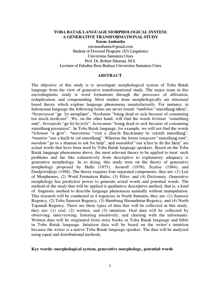 Toba Batak Language Morphological System | PDF | Morphology ...
