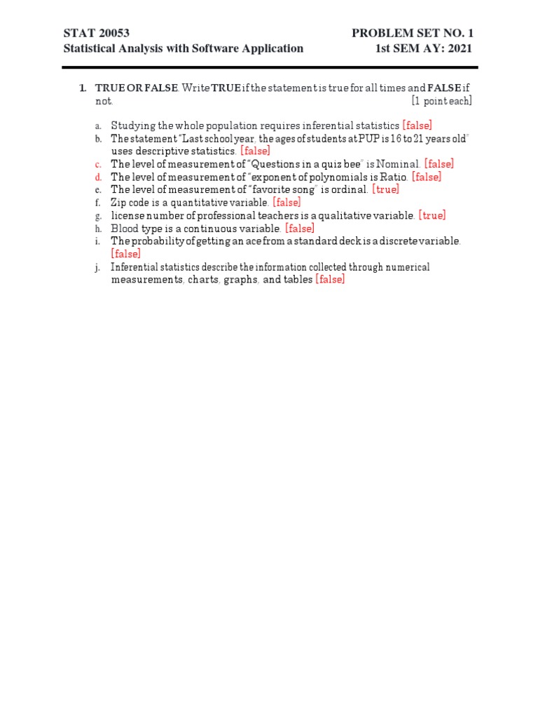 STAT 20053 Problem Set No. 1 Statistical Analysis With Software Application 1st SEM AY: 2021 ...